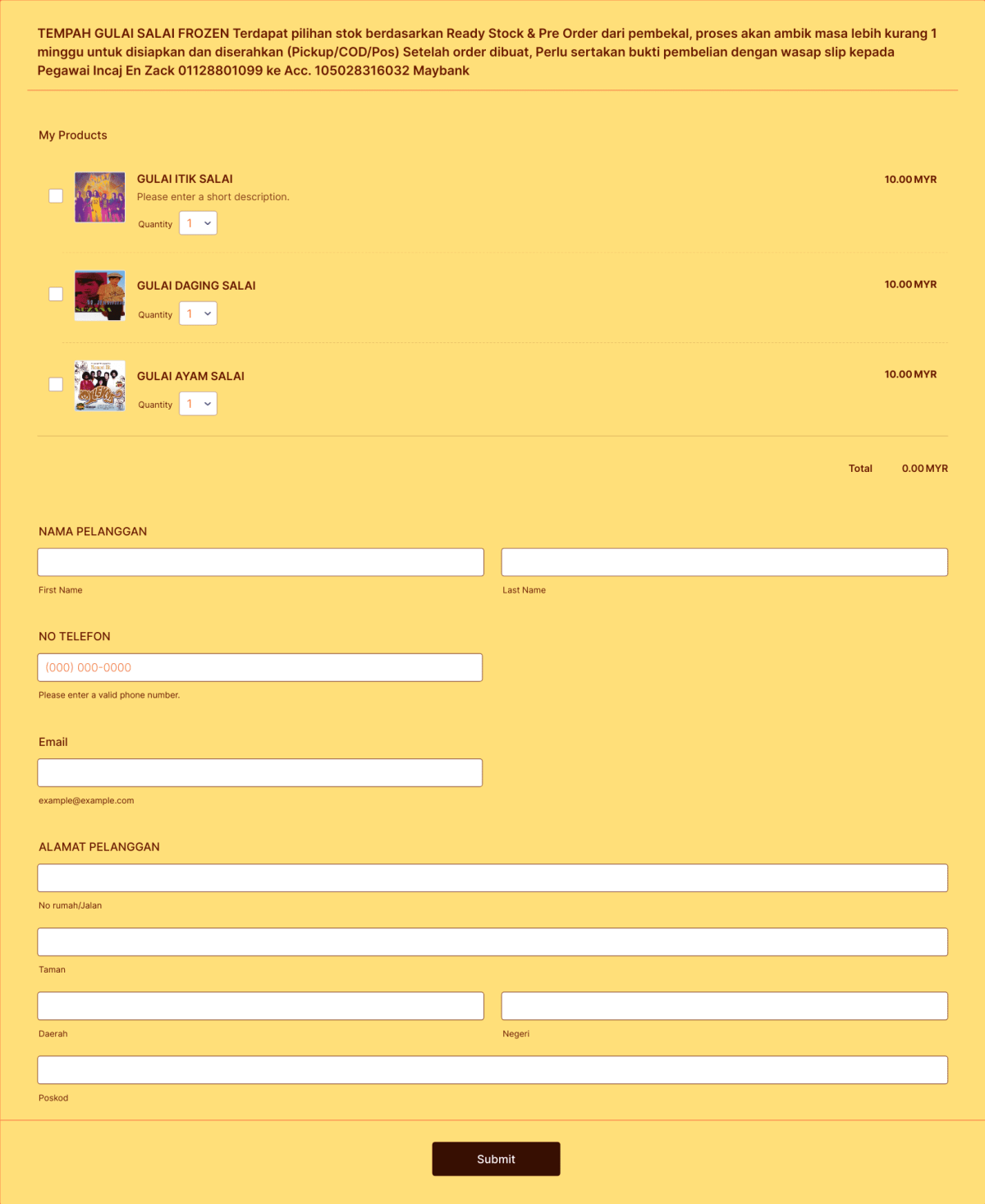 Tempahan Gulai Frozen N9 Form Template | Jotform