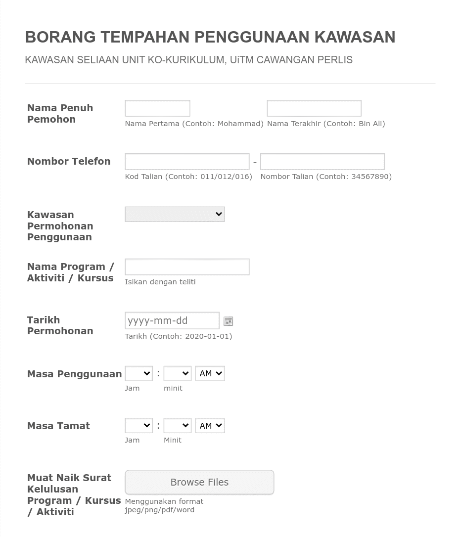 Tempahan Kawasan Unit Ko-Kurikulum Form Template | Jotform