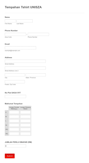 Borang Tempahan T-Shirt Form Template | Jotform