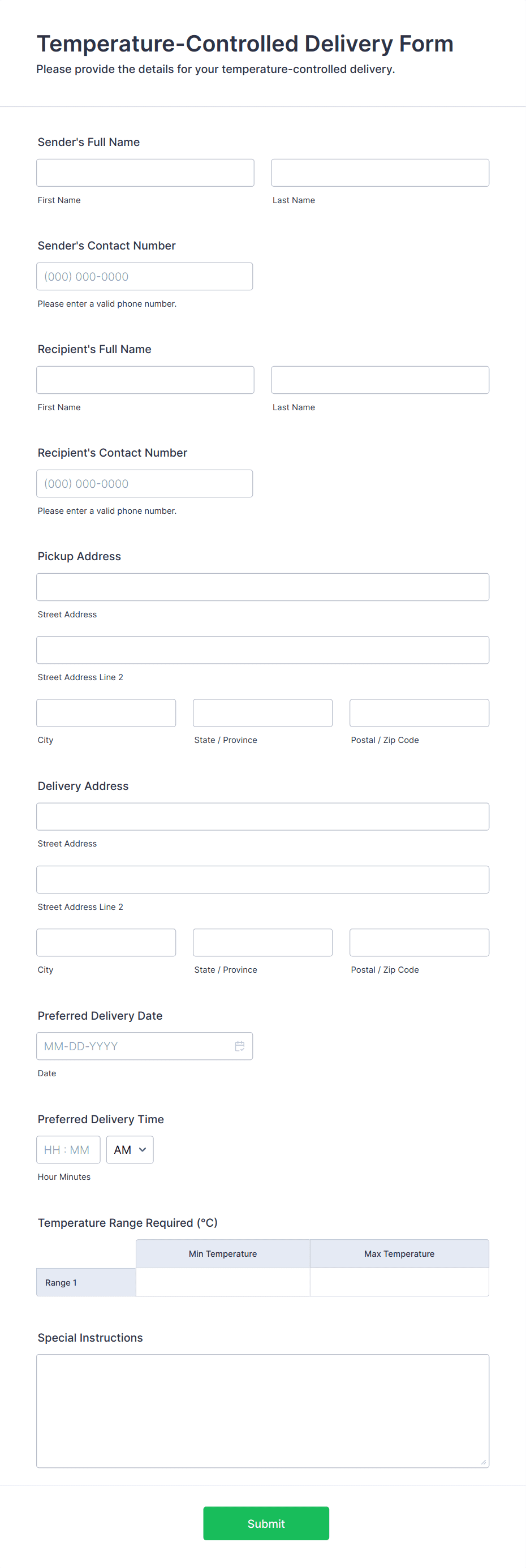 Temperature-Controlled Delivery Form Template | Jotform