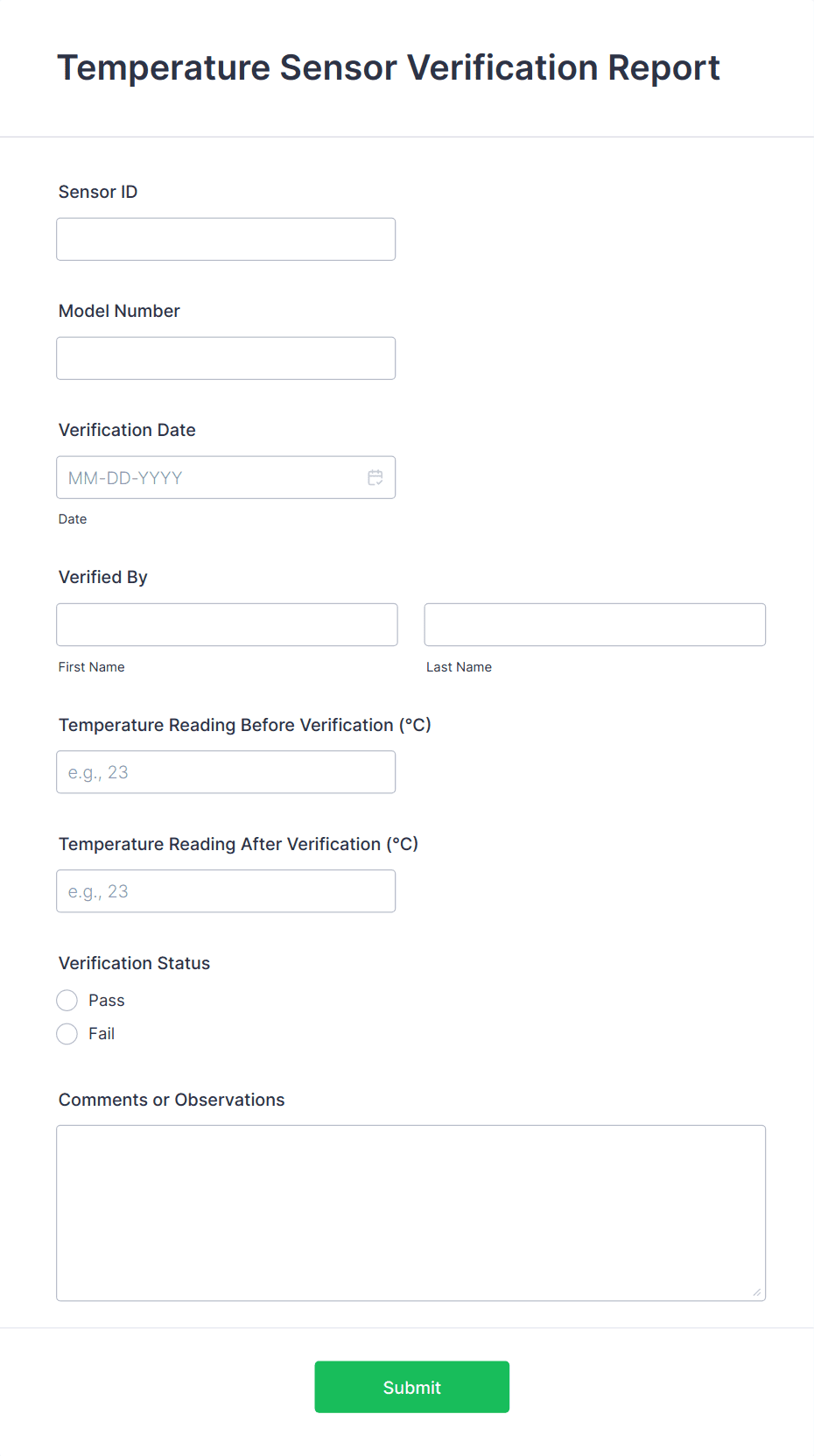 Temperature Sensor Verification Report Form Template | Jotform