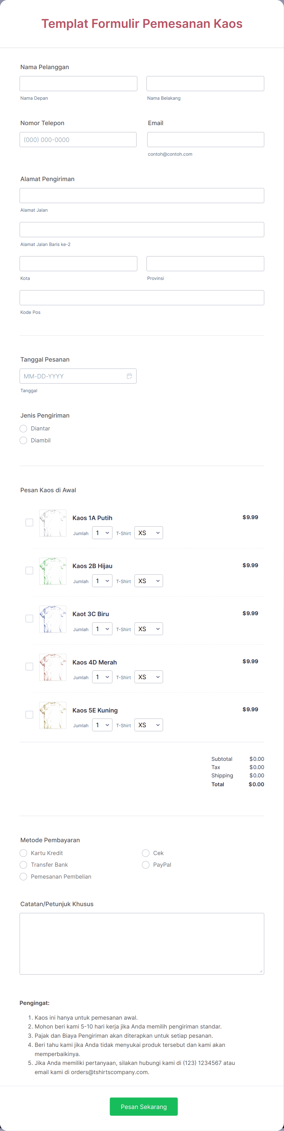Templat Formulir Prapesanan Kaos Template Formulir | Jotform