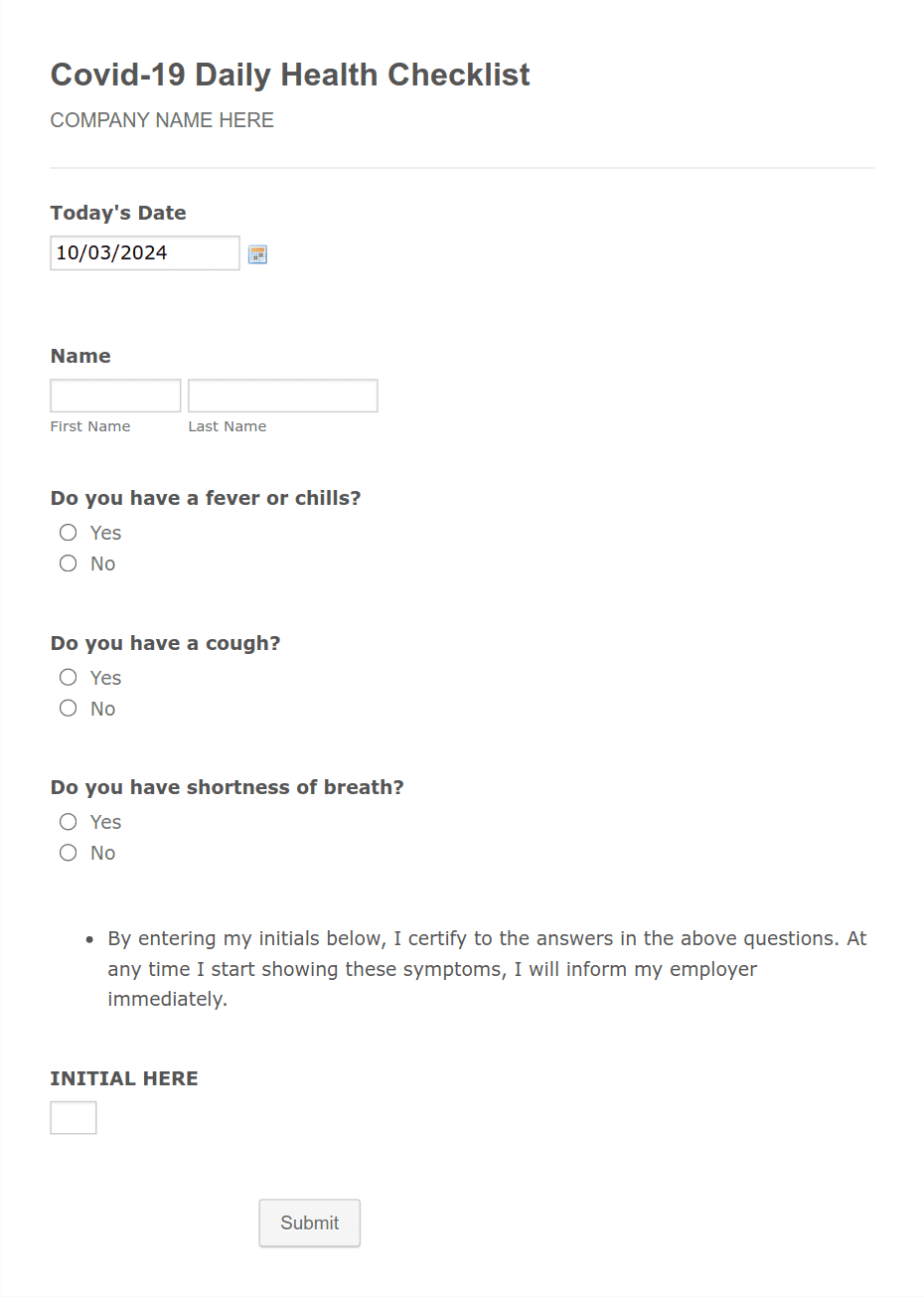Template Covid-19 Daily Health Checklist City of Fresno Form Template | Jotform