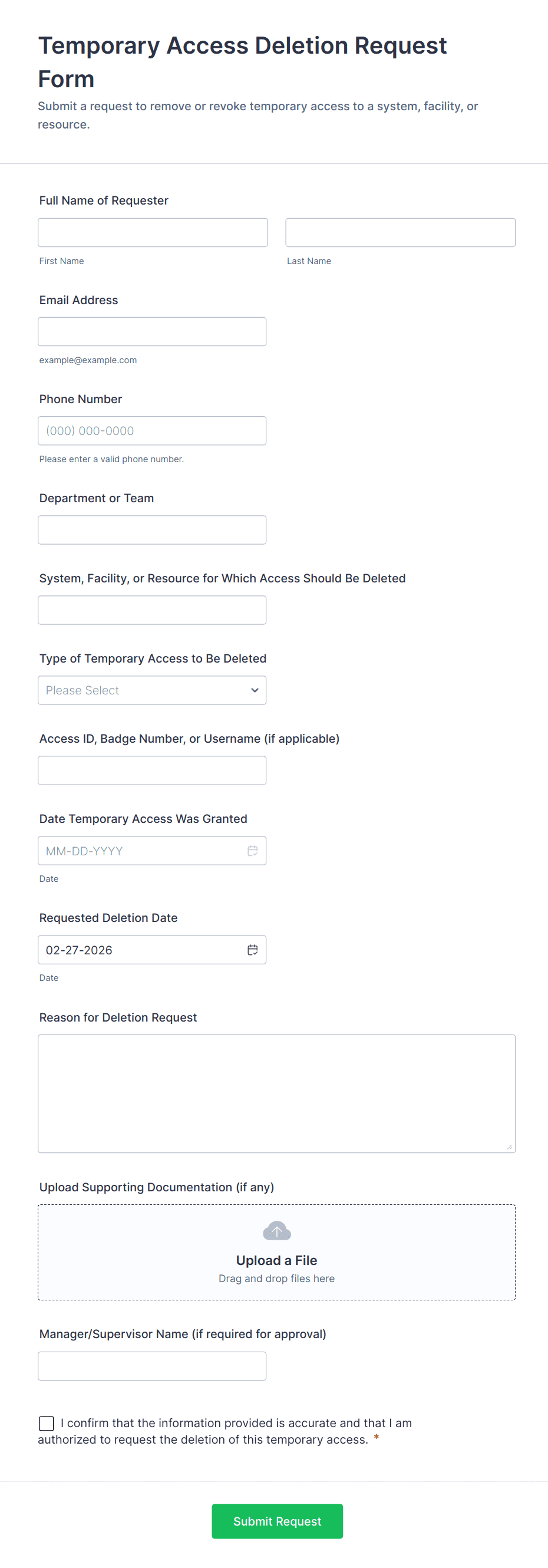 Temporary Access Deletion Request Form Template | Jotform
