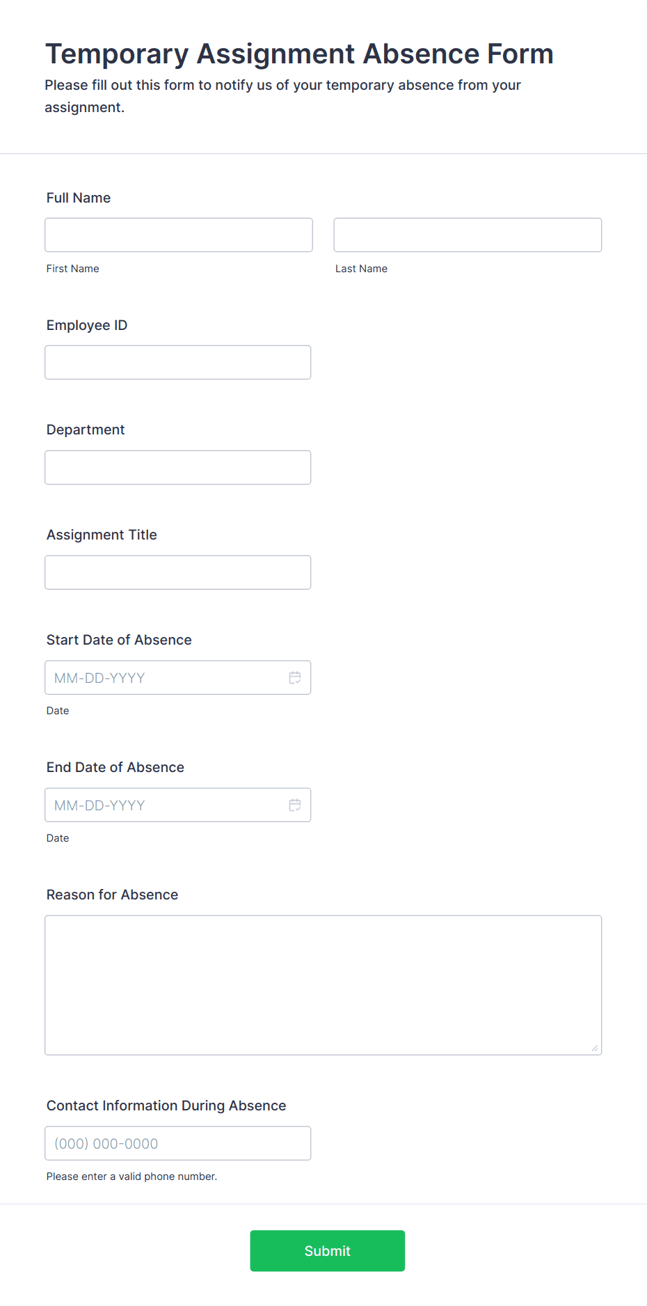 Temporary Assignment Absence Form Template | Jotform