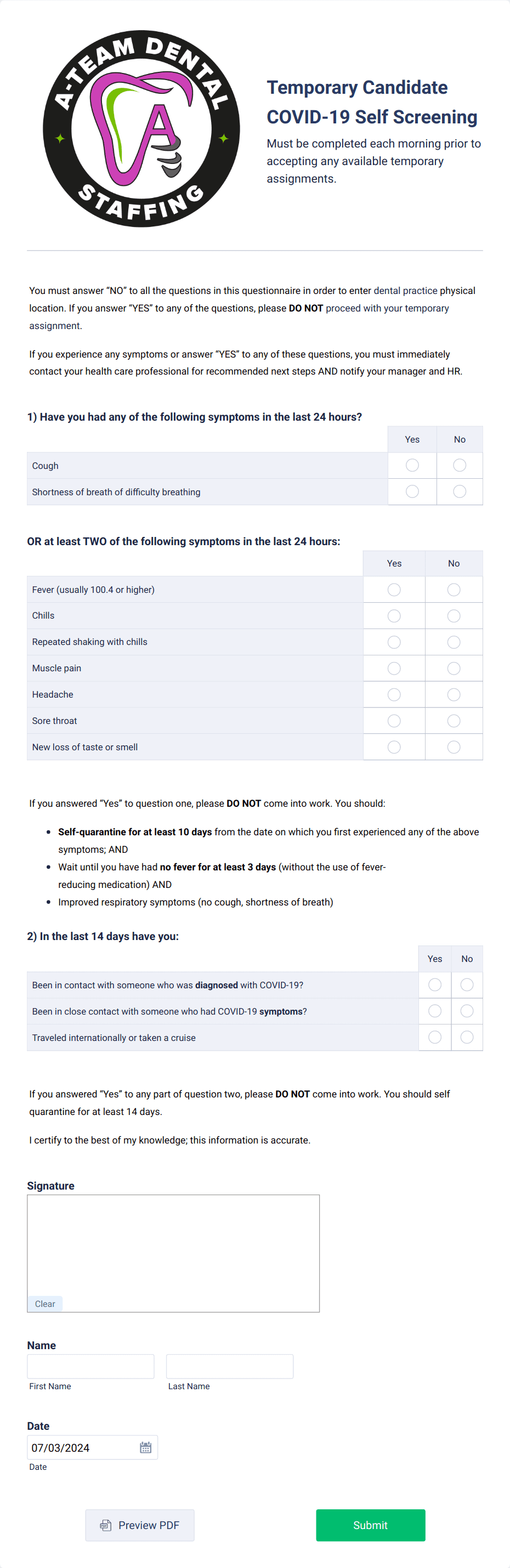 Temporary Candidate COVID-19 Self Screening Form Template | Jotform