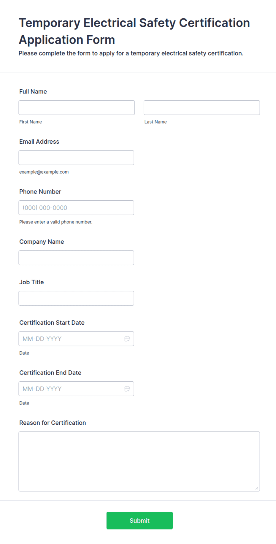 Temporary Electrical Safety Certification Application Form Template ...