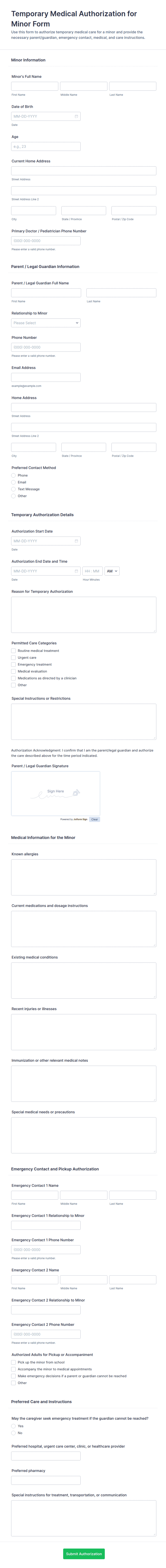 Temporary Medical Authorization for Minor Form Template | Jotform