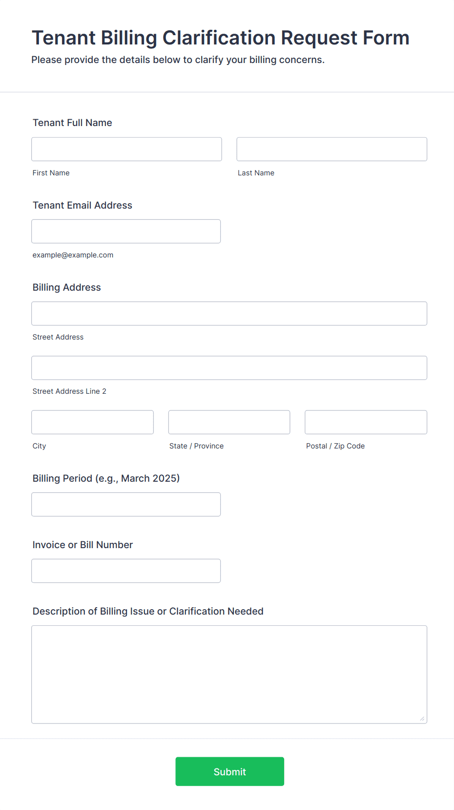 Tenant Billing Clarification Request Form Template | Jotform