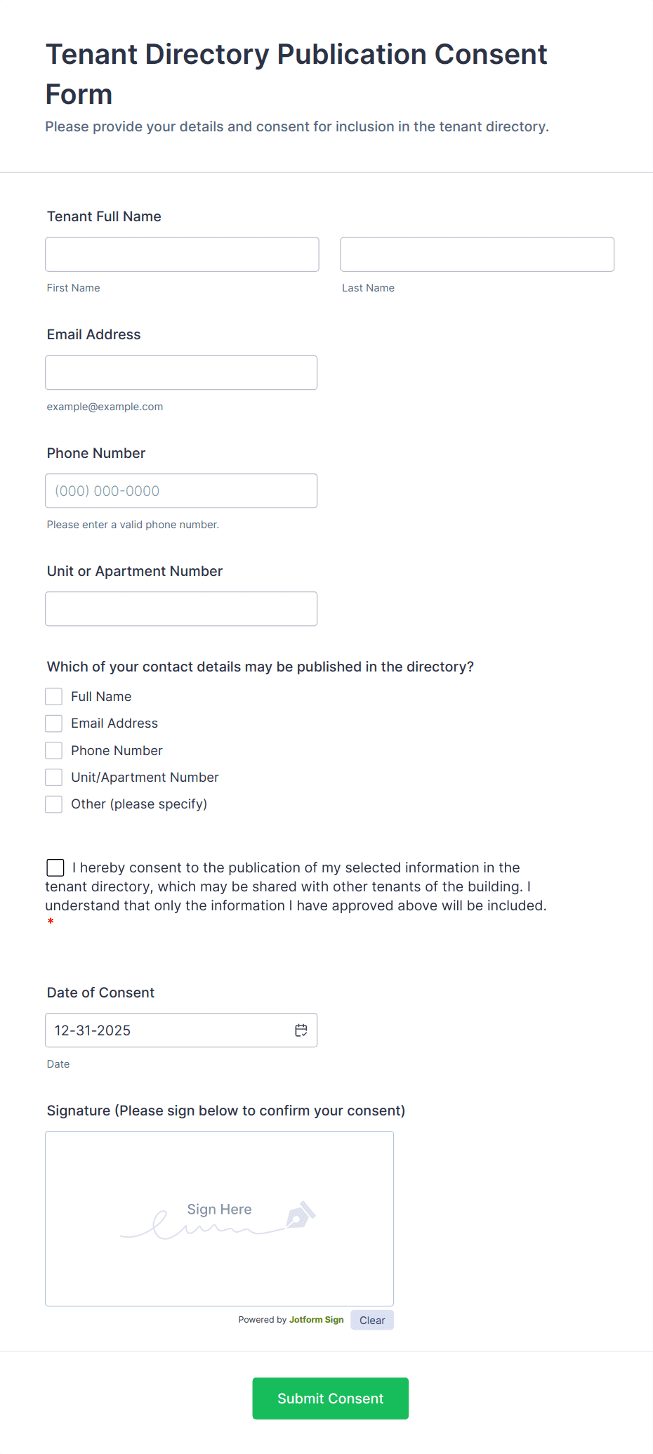 Tenant Directory Publication Consent Form Template | Jotform