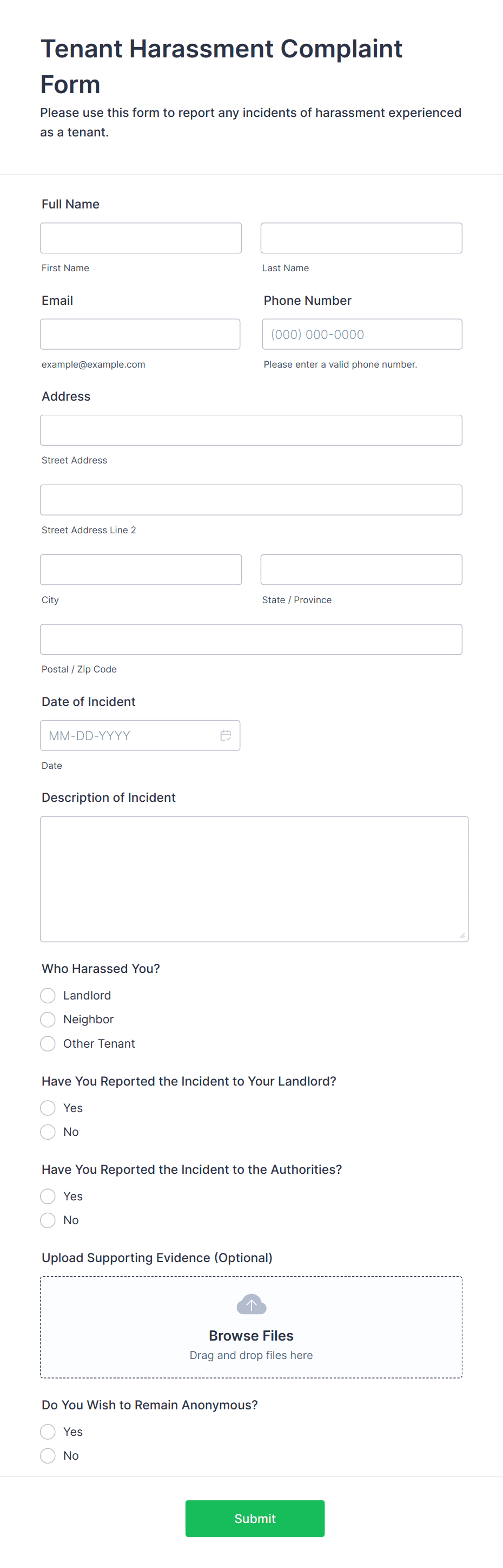 Tenant Harassment Complaint Form Template | Jotform