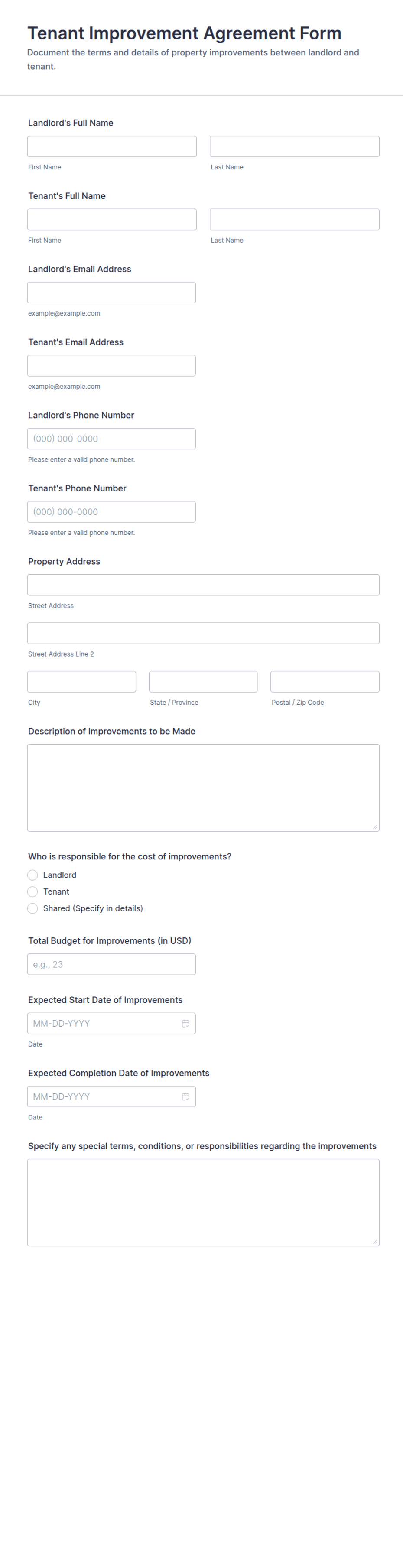 Tenant Improvement Agreement Form Template | Jotform
