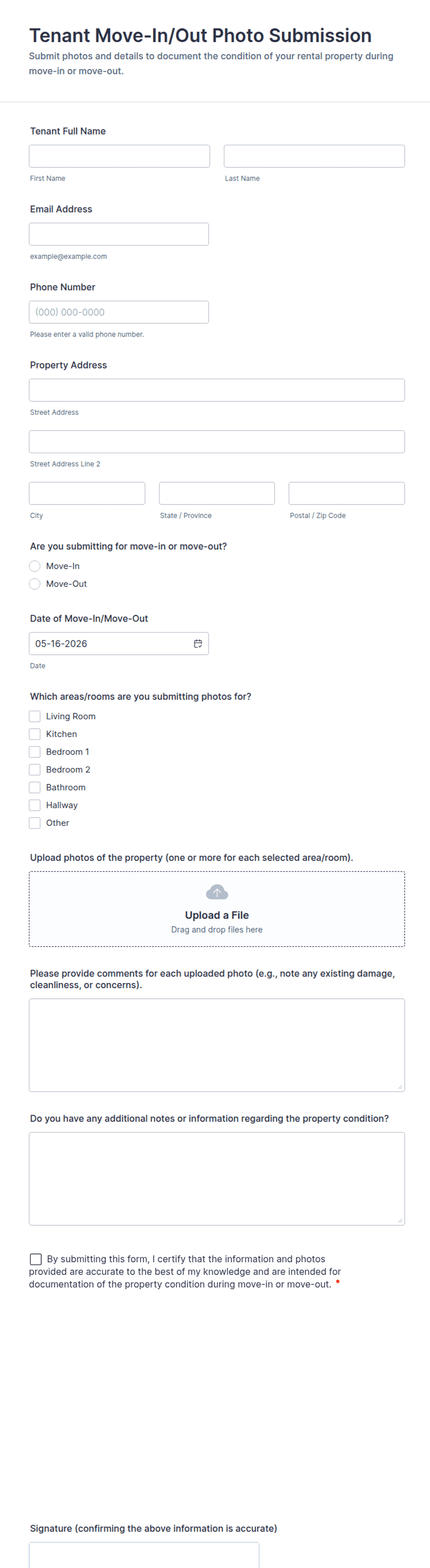 Tenant Move-In/Out Photo Submission Form Template | Jotform