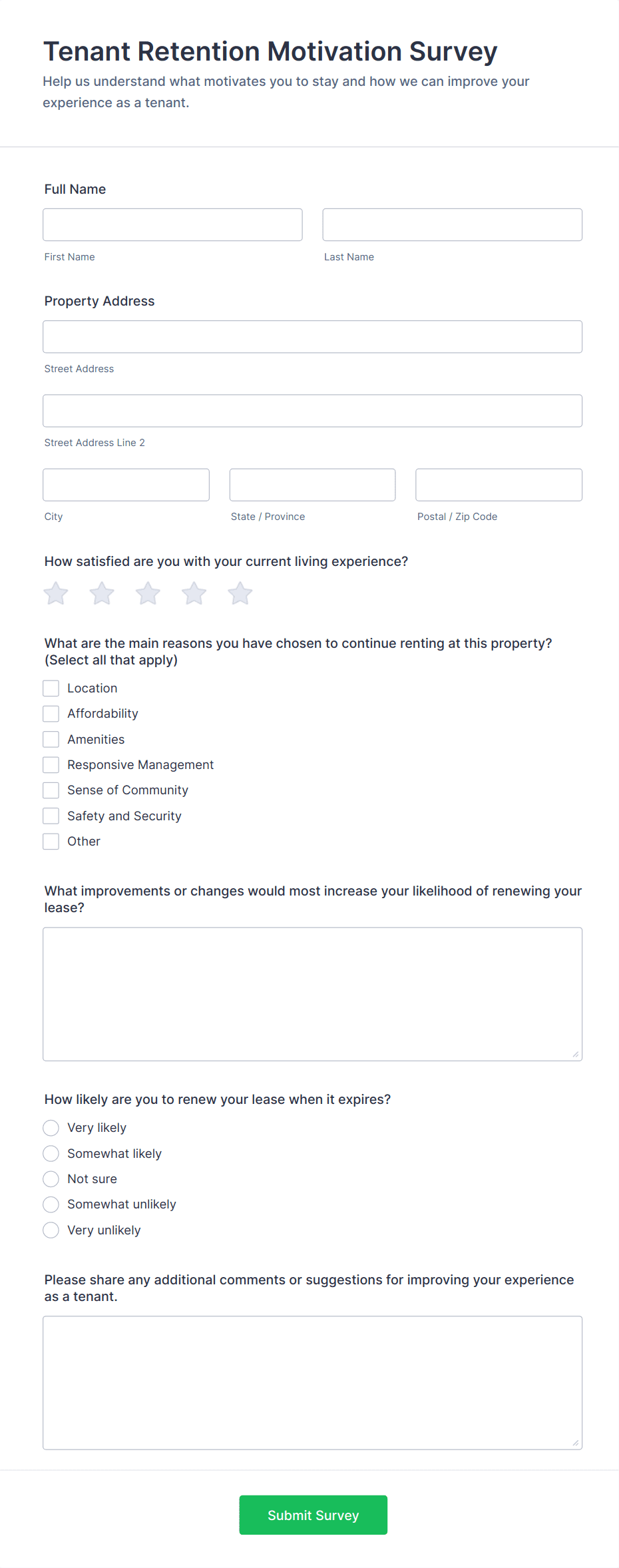 Tenant Retention Motivation Survey Form Template | Jotform