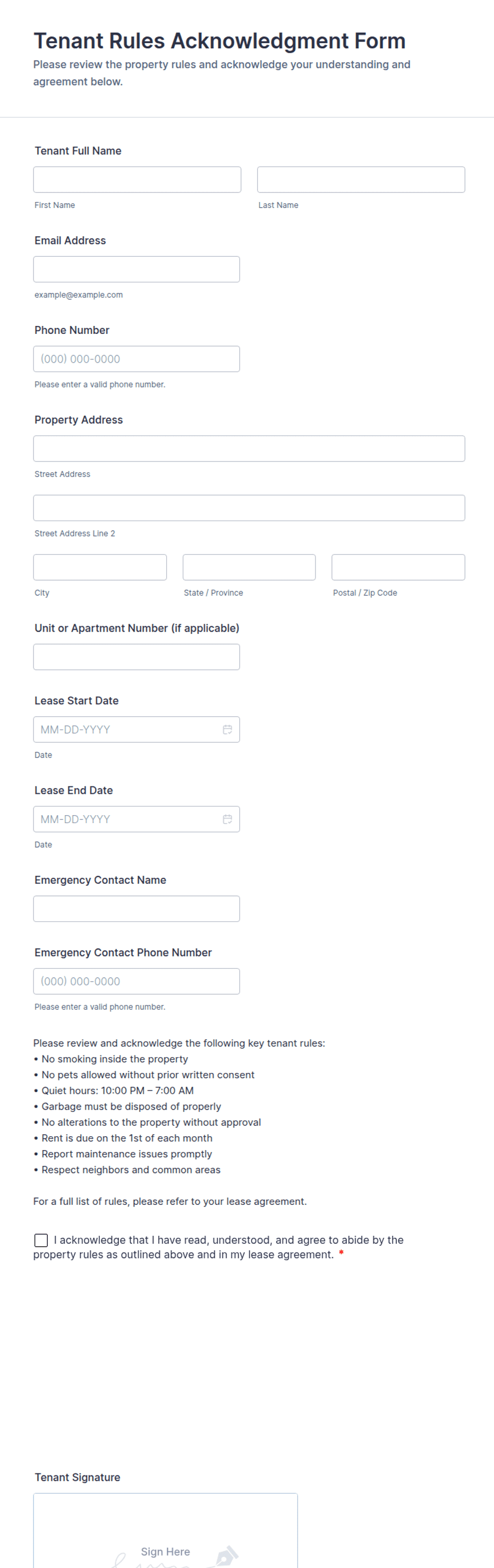 Tenant Rules Acknowledgment Form Template | Jotform