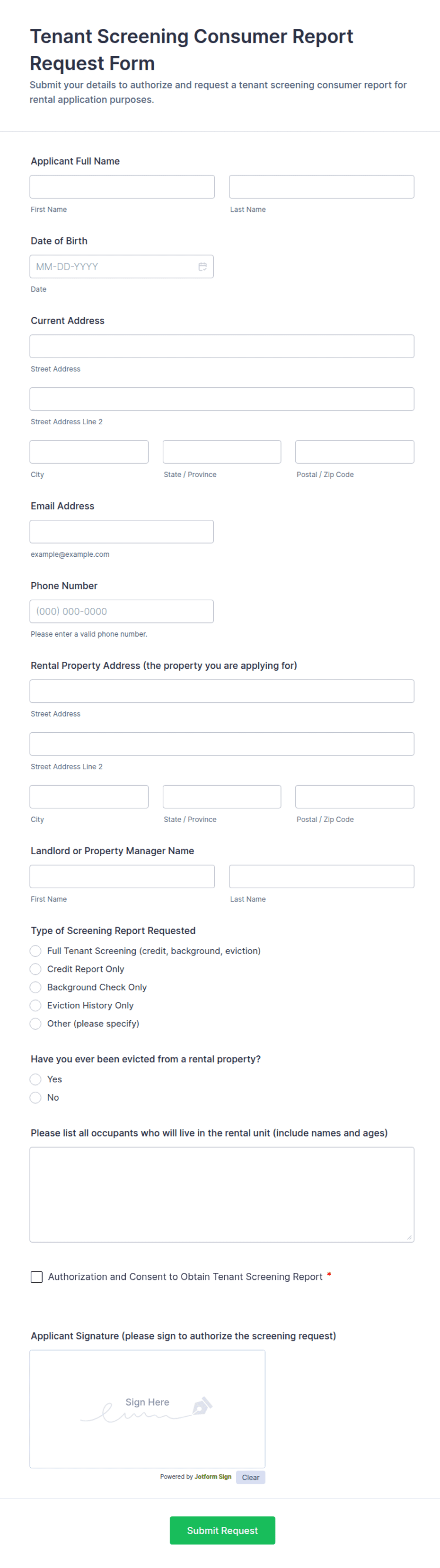 Tenant Screening Consumer Report Request Form Template | Jotform