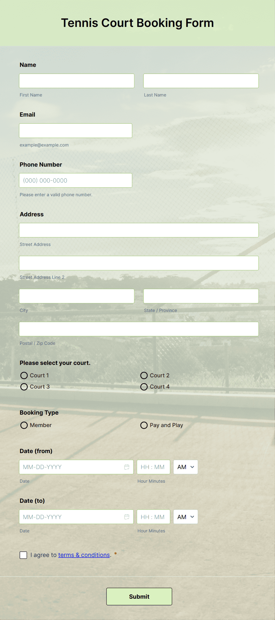Tennis Court Booking Form Template | Jotform