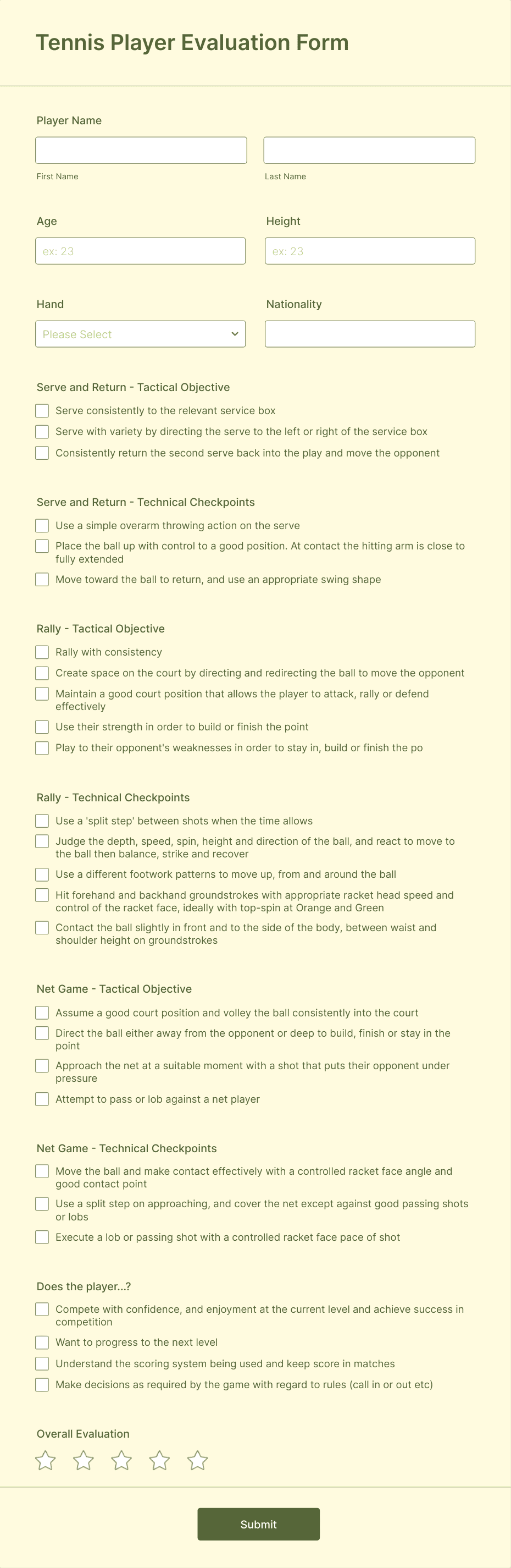 Tennis Player Evaluation Form Template | Jotform