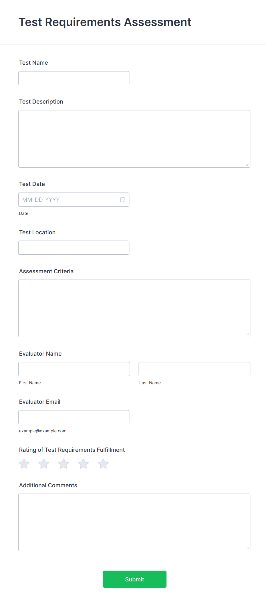 Test Requirements Assessment Form Template | Jotform
