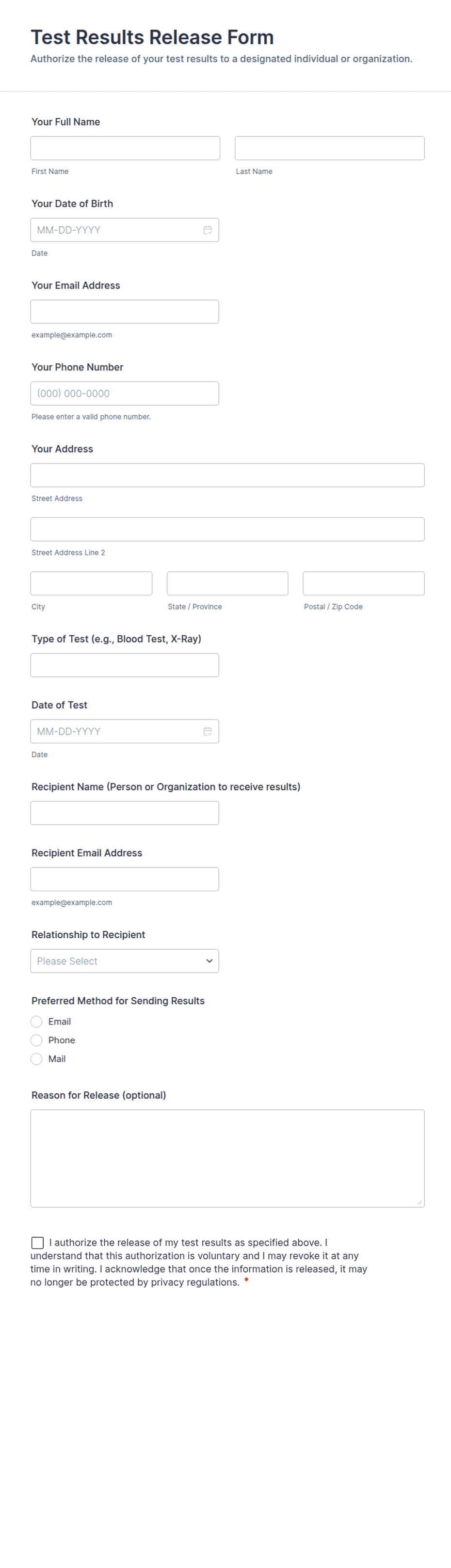 Test Results Release Form Template | Jotform