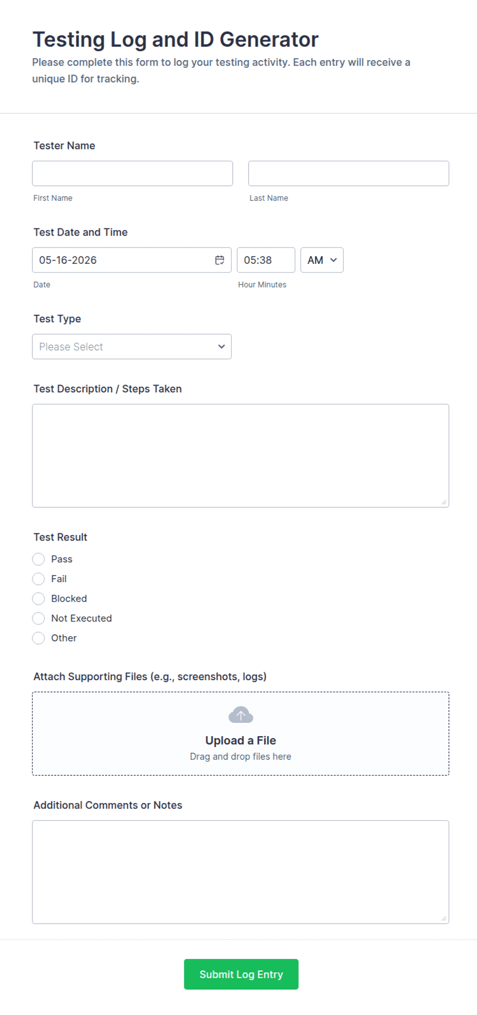 Testing Log and ID Generator Form Template | Jotform