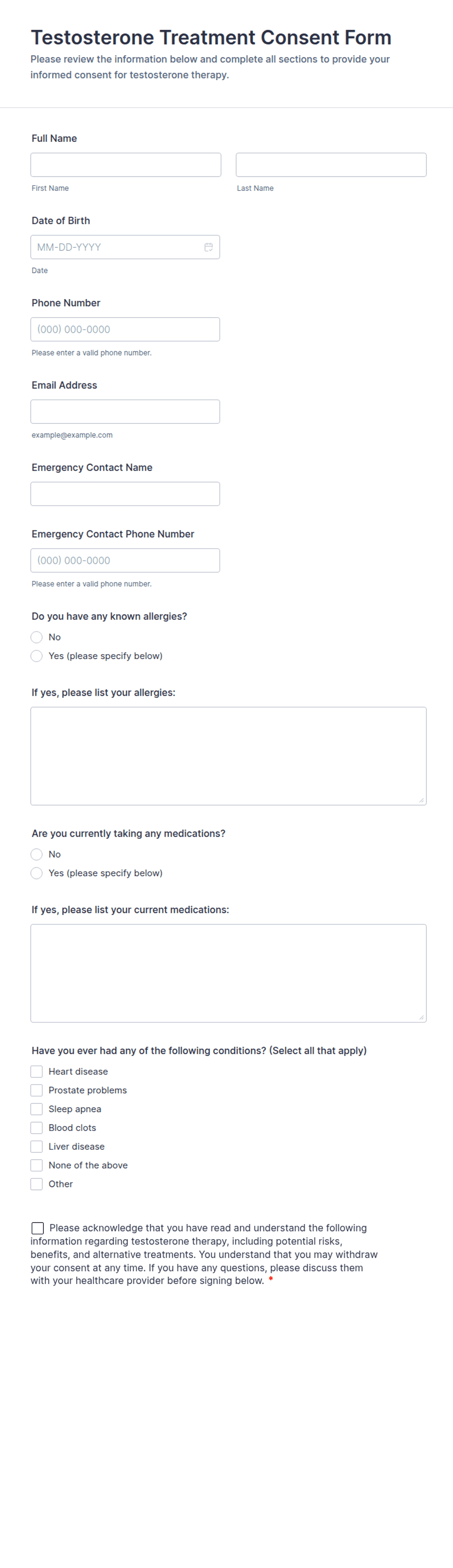 Testosterone Treatment Consent Form Template | Jotform
