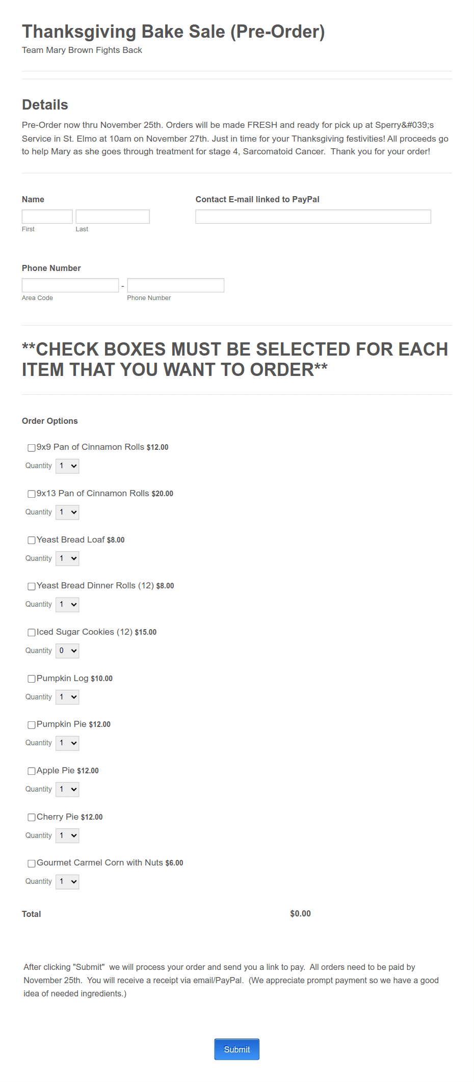 Thanksgiving Bake Sale Pre-Order Form Template | Jotform