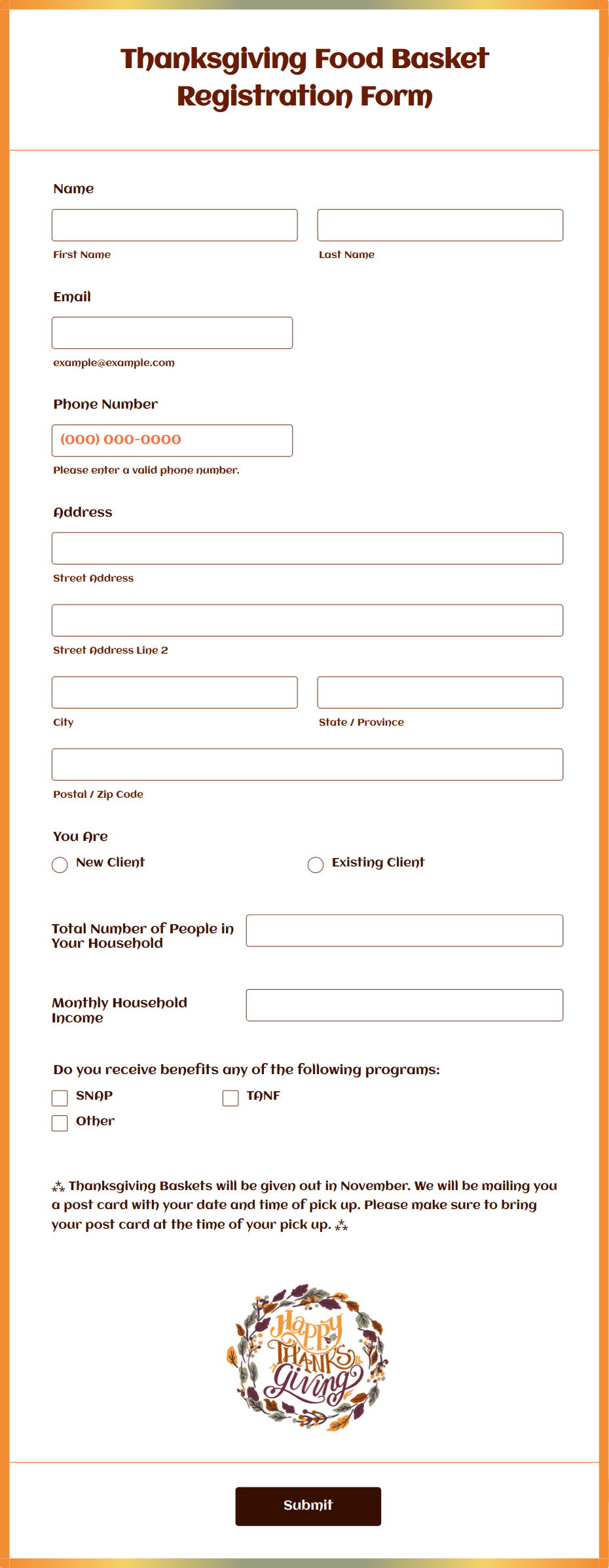 Thanksgiving Food Basket Registration Form Template | Jotform