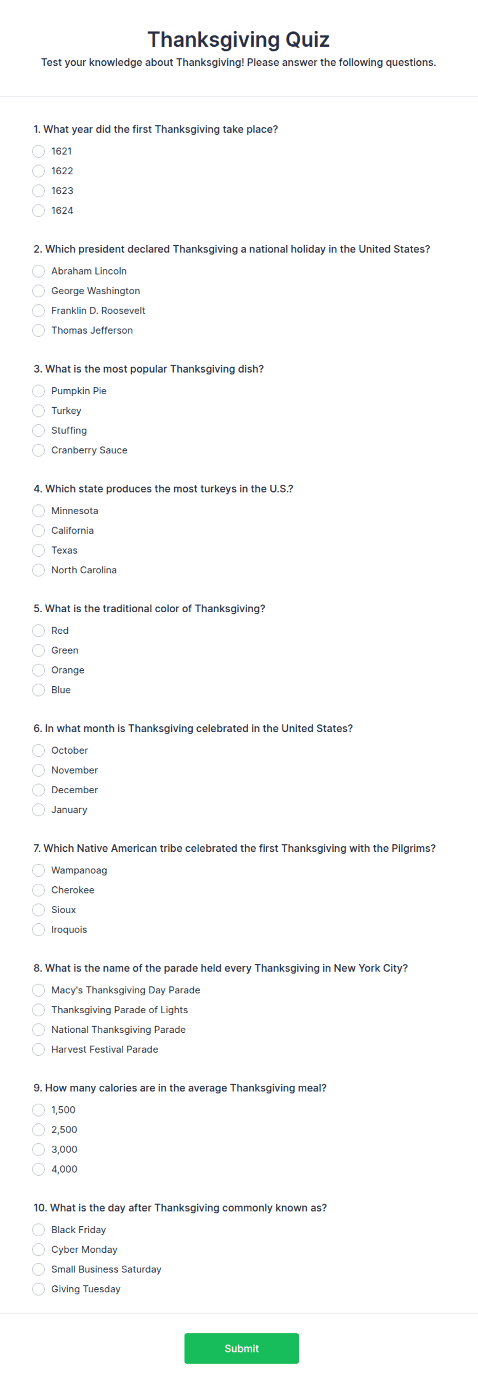 Thanksgiving Quiz Form Template | Jotform