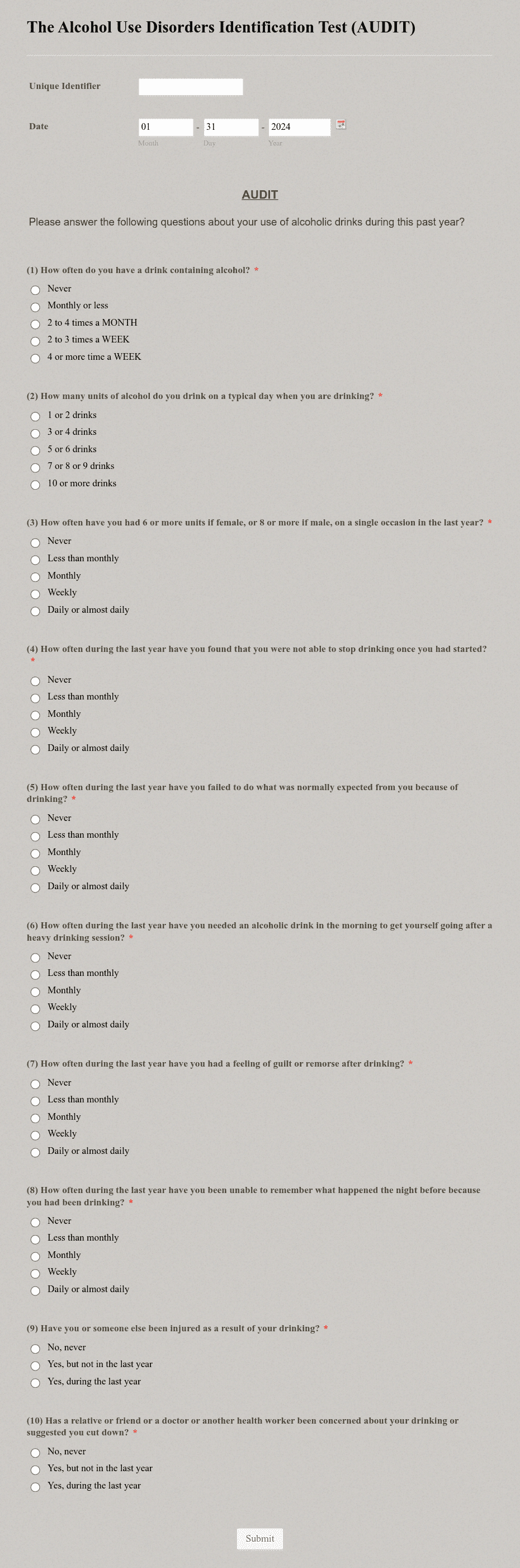 The Alcohol Use Disorders Identification Test (AUDIT) Form Template ...