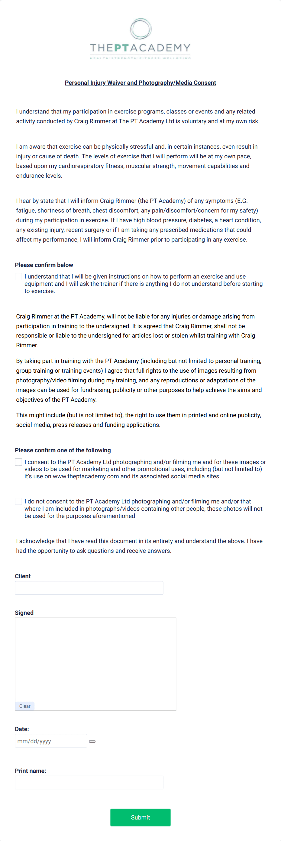 Personal Trainer Injury Waiver and Media Consent Form Template | Jotform