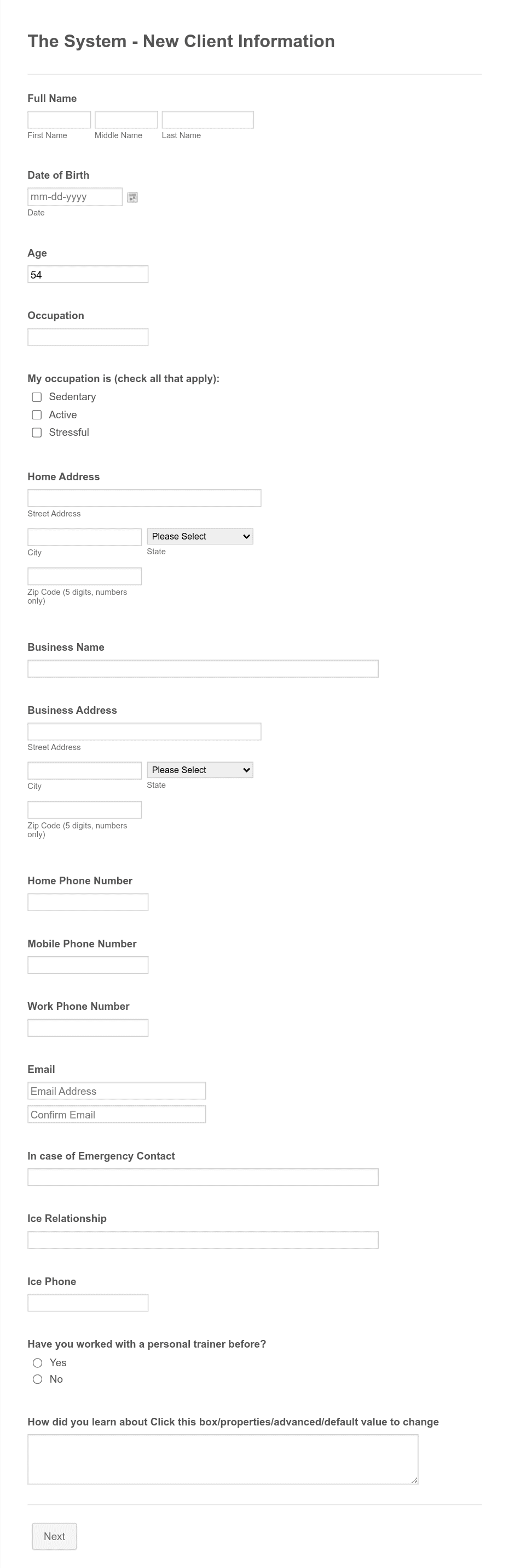 The System - New Client Information Form Template | Jotform