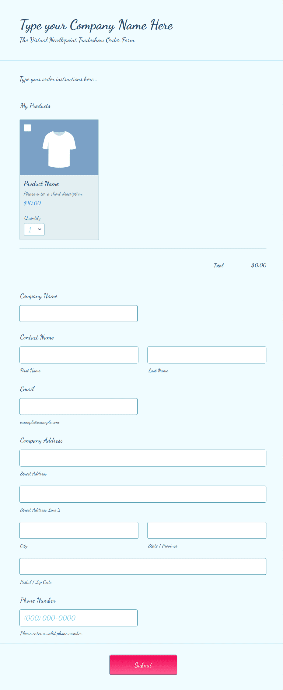 The Virtual Needlepoint Trade Show Order Form Template | Jotform