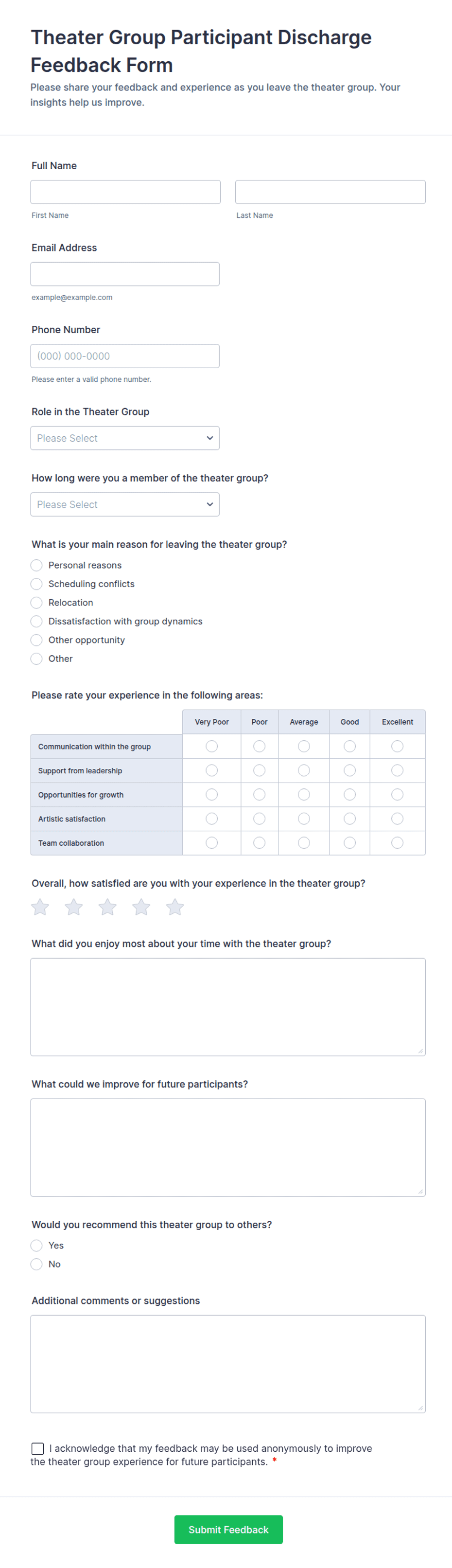 Theater Group Participant Discharge Feedback Form Template | Jotform
