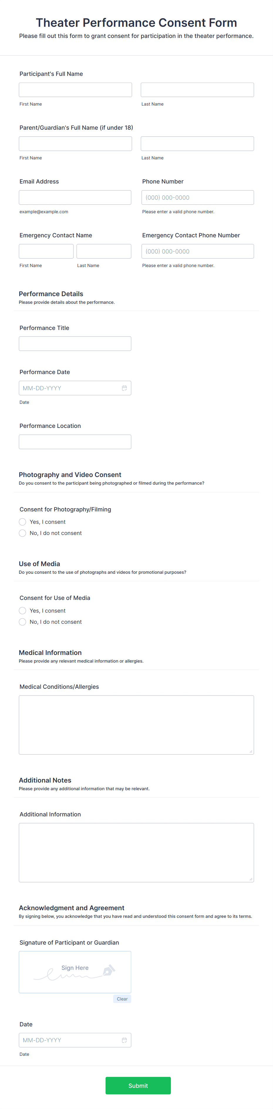 Theater Performance Consent Form Template | Jotform