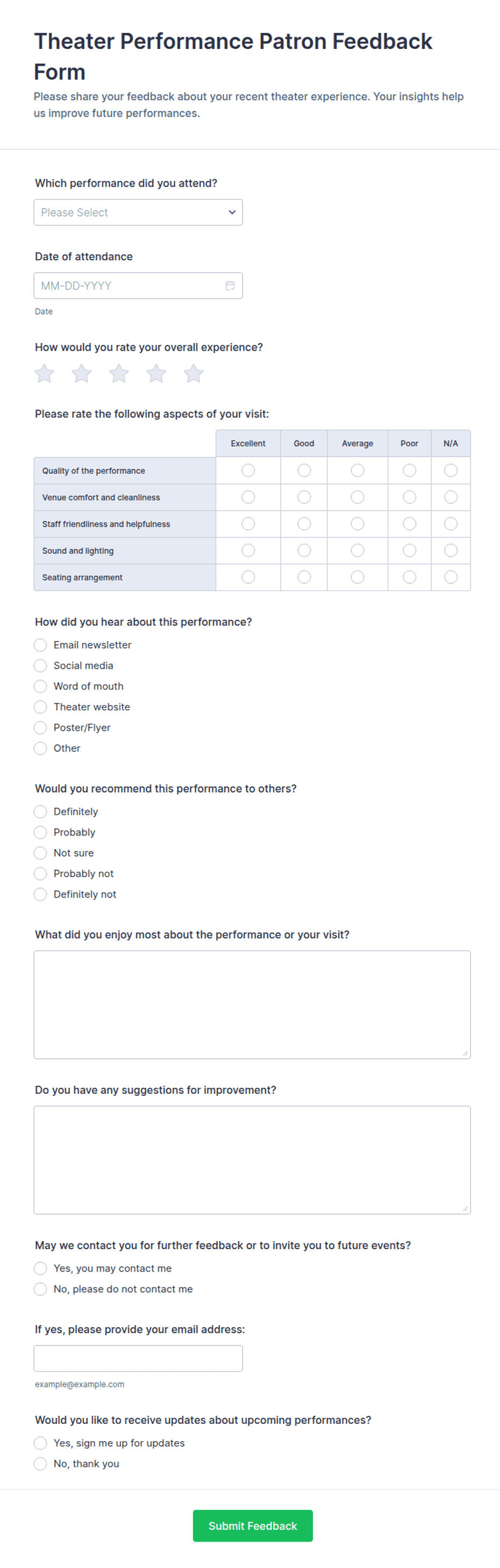 Theater Performance Patron Feedback Form Template | Jotform