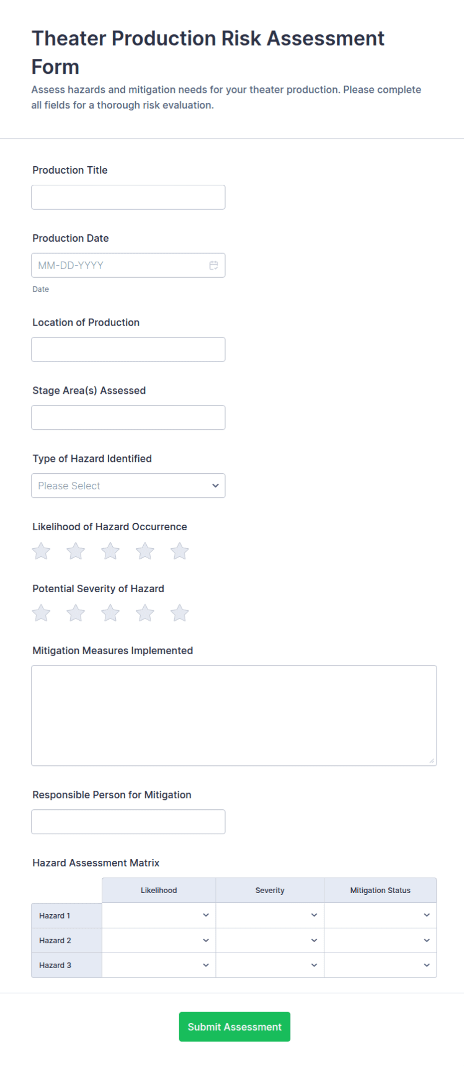 Theater Production Risk Assessment Form Template | Jotform