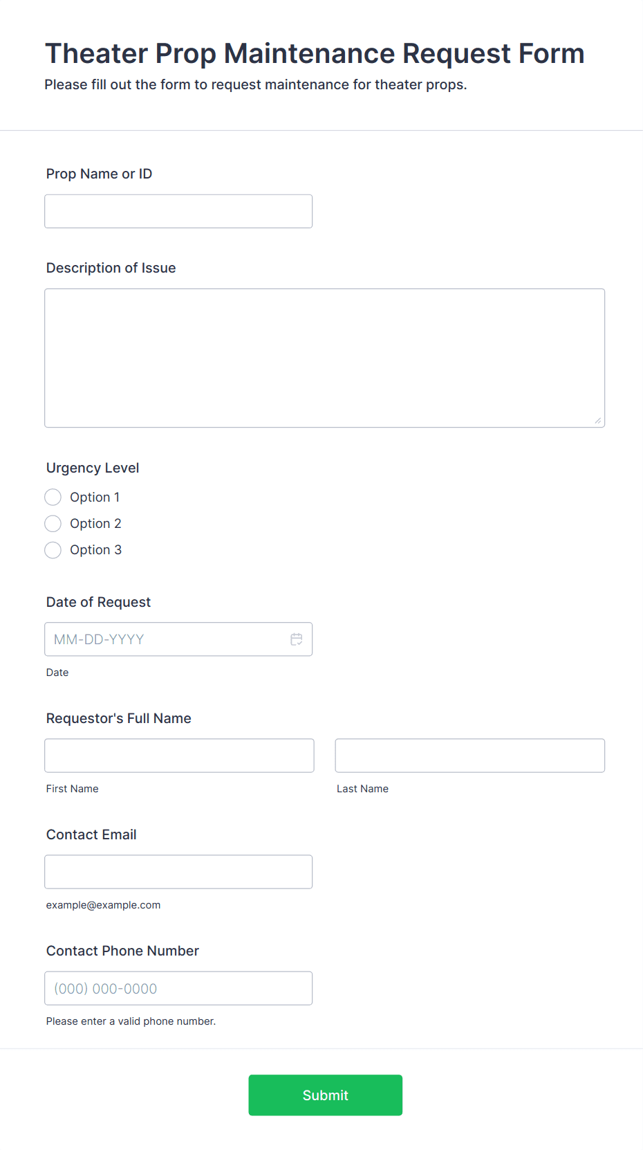 Theater Prop Maintenance Request Form Template | Jotform