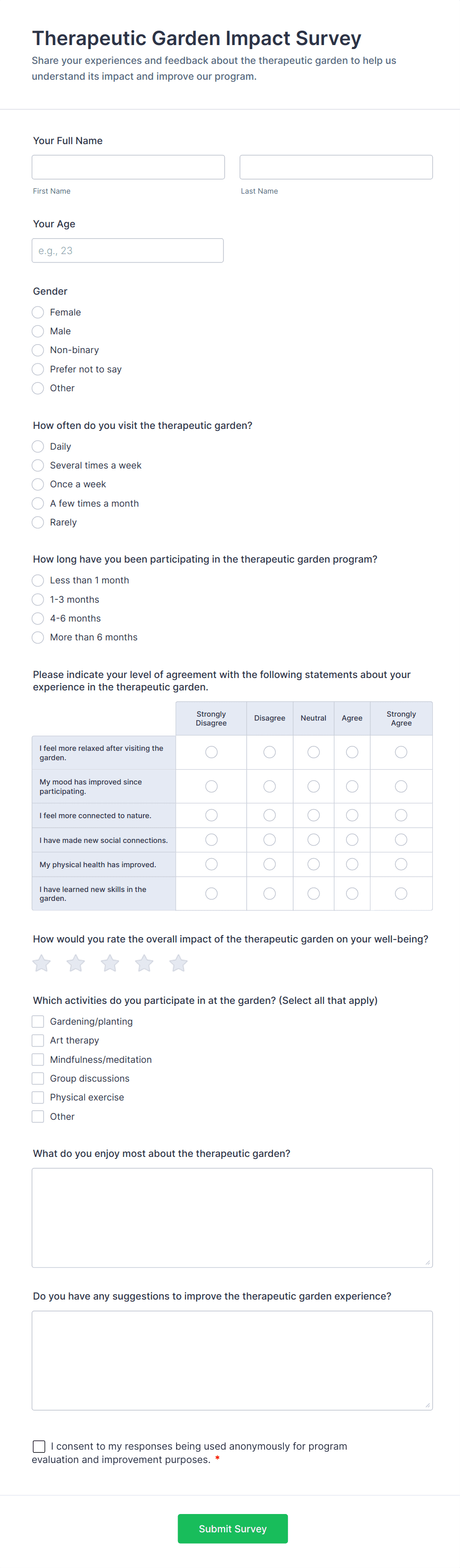 Therapeutic Garden Impact Survey Form Template | Jotform