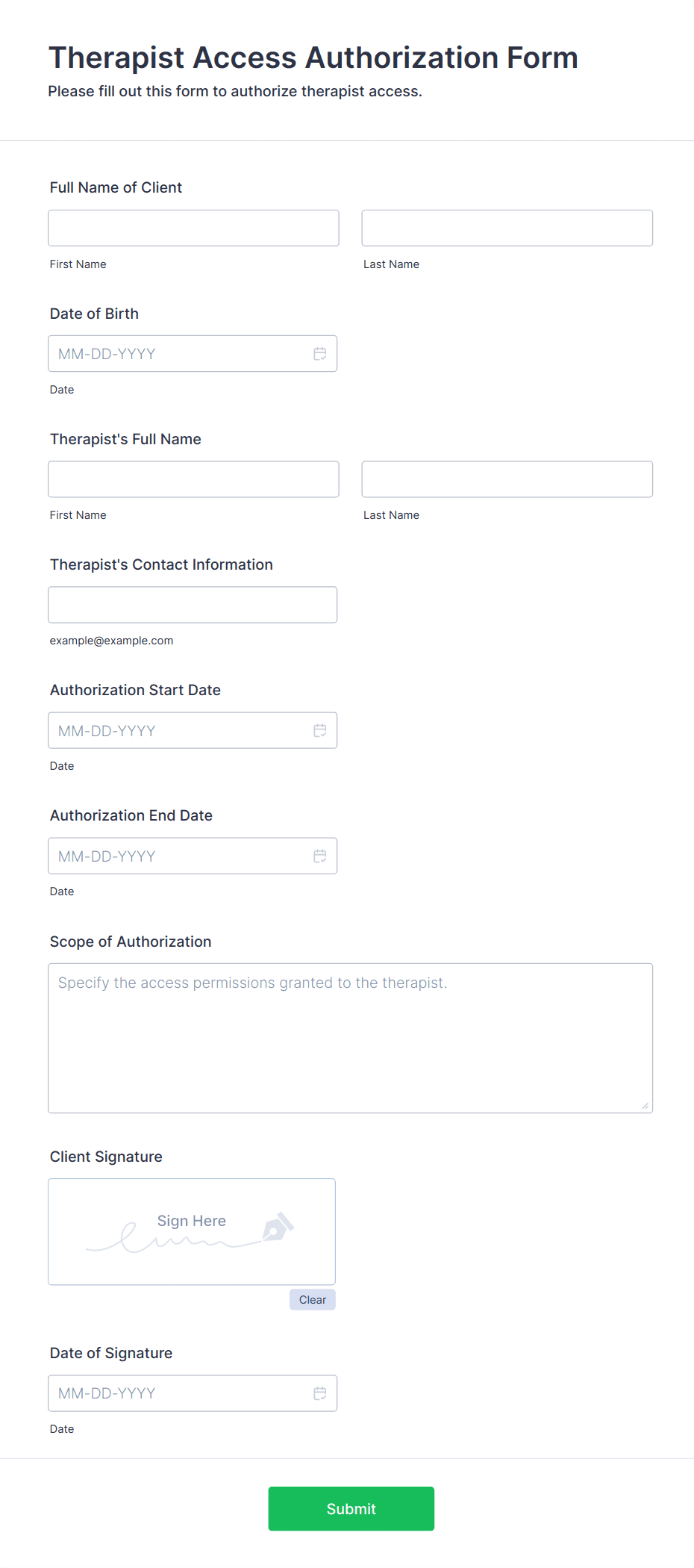 Therapist Access Authorization Form Template | Jotform