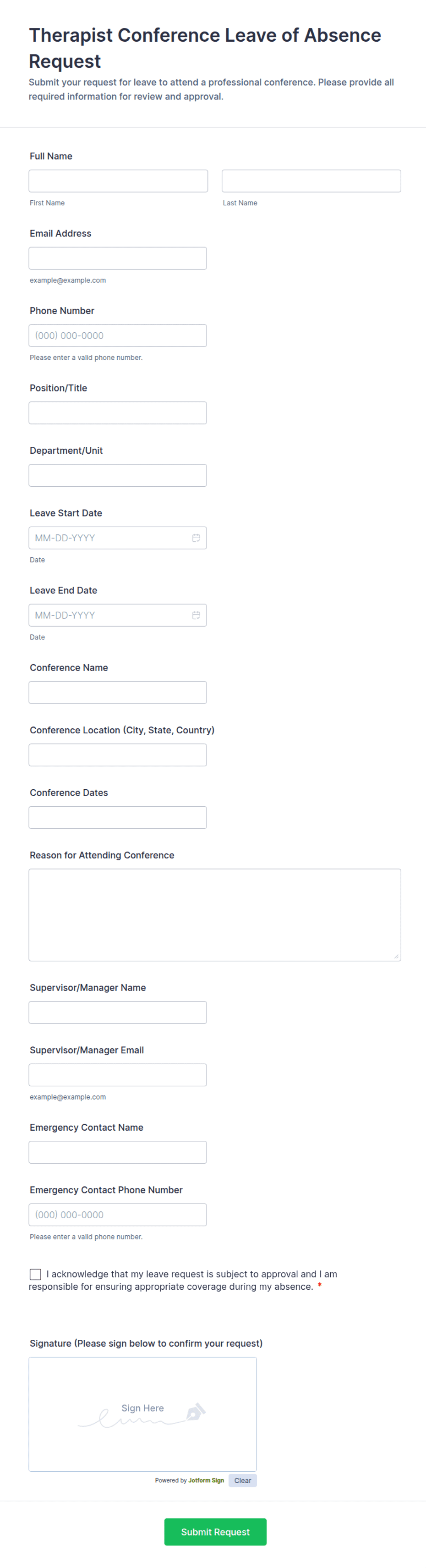 Therapist Conference Leave of Absence Request Form Template | Jotform