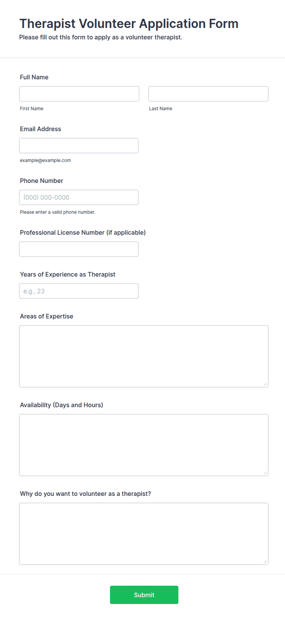 Therapist Volunteer Application Form Template | Jotform