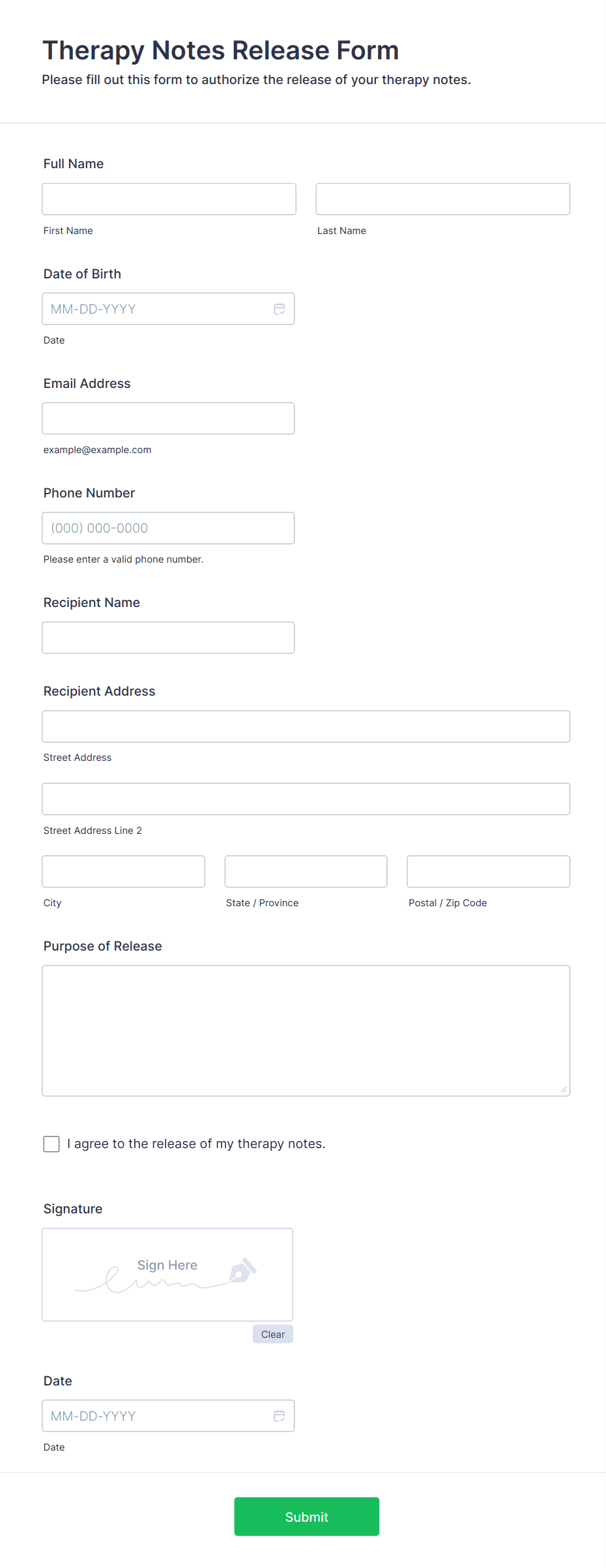 Therapy Notes Release Form Template | Jotform