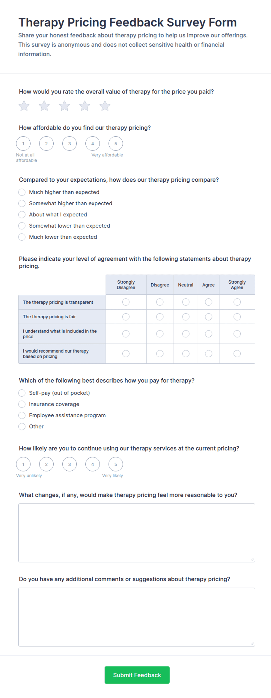 Therapy Pricing Feedback Survey Form Template | Jotform