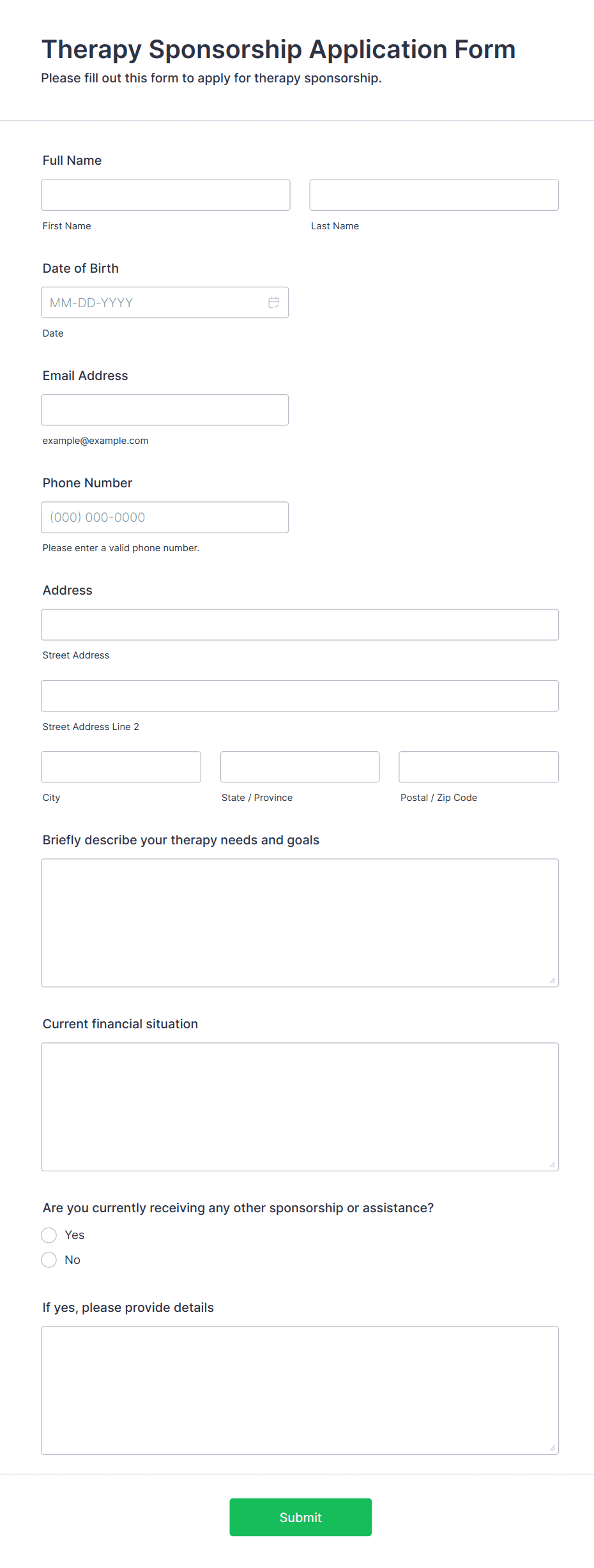Therapy Sponsorship Application Form Template | Jotform