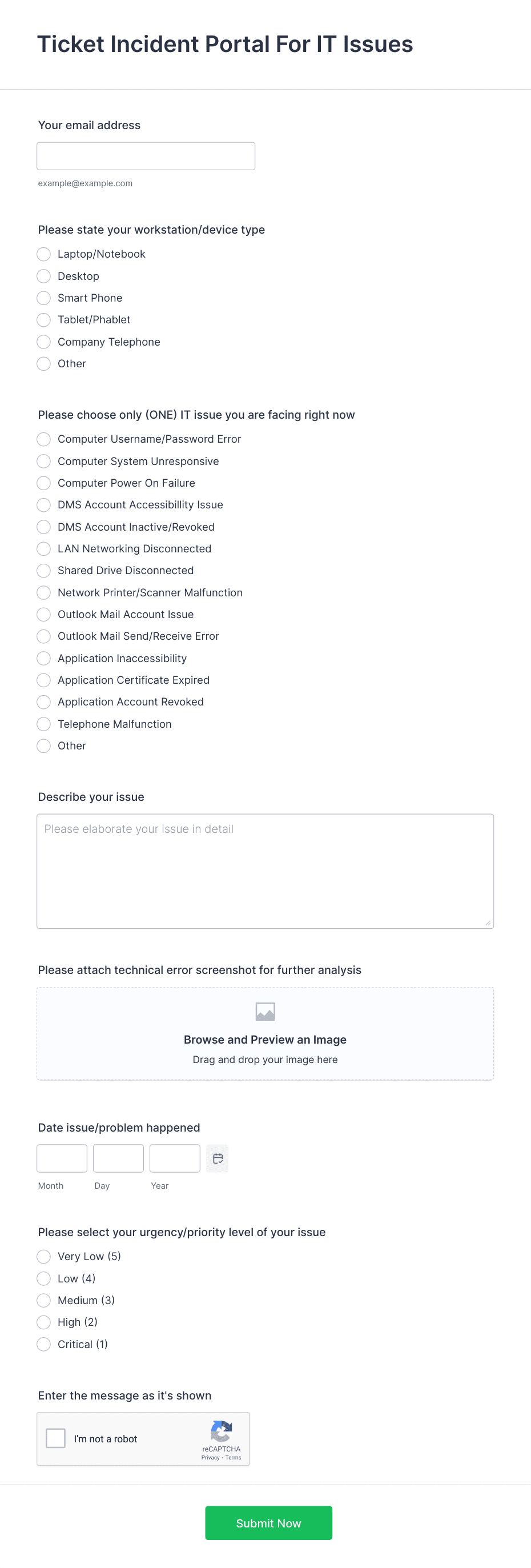 Ticket Incident Portal For IT Issues Form Template | Jotform