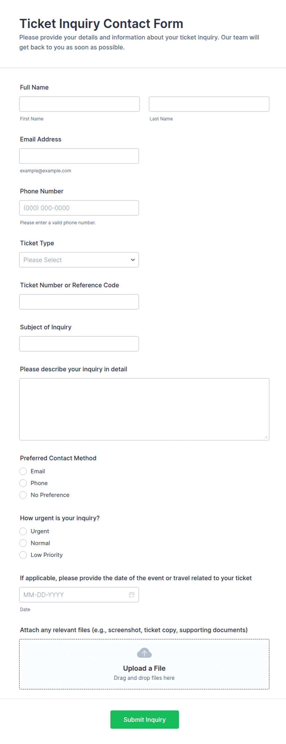 Ticket Inquiry Contact Form Template | Jotform
