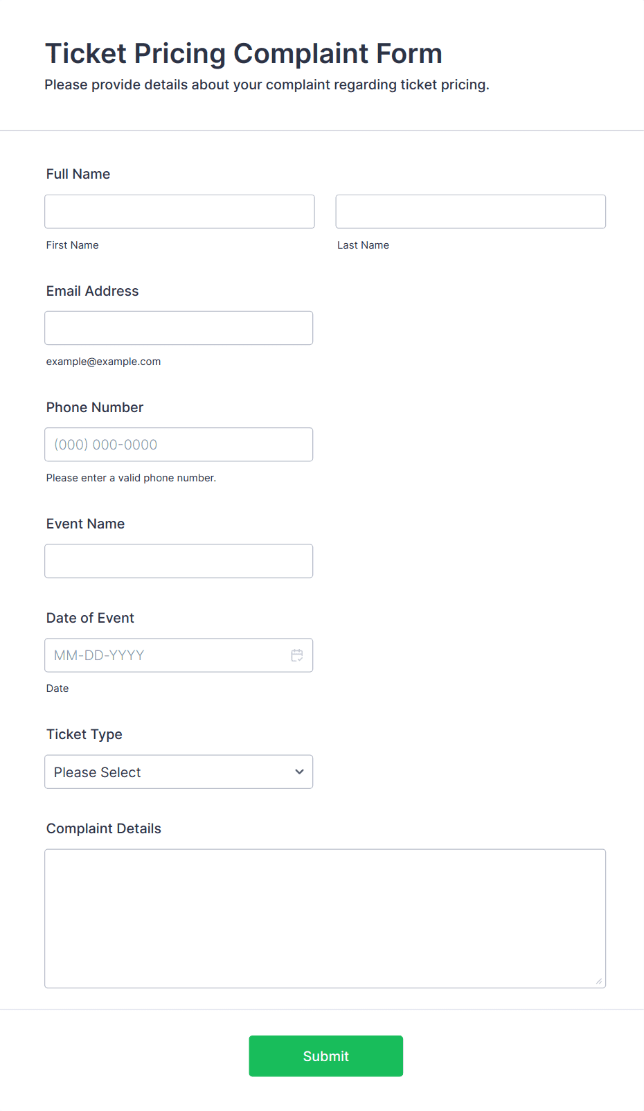 Ticket Pricing Complaint Form Template | Jotform