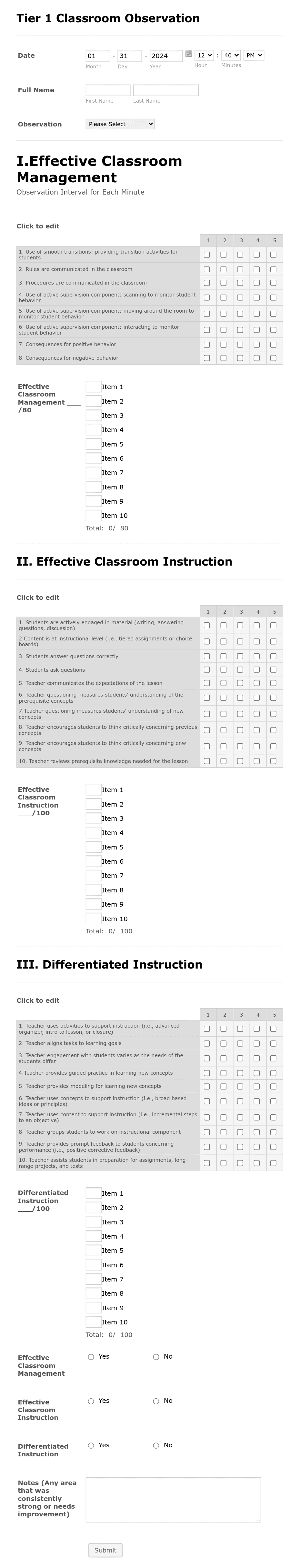 Tier 1 Classroom Observation Form Template | Jotform