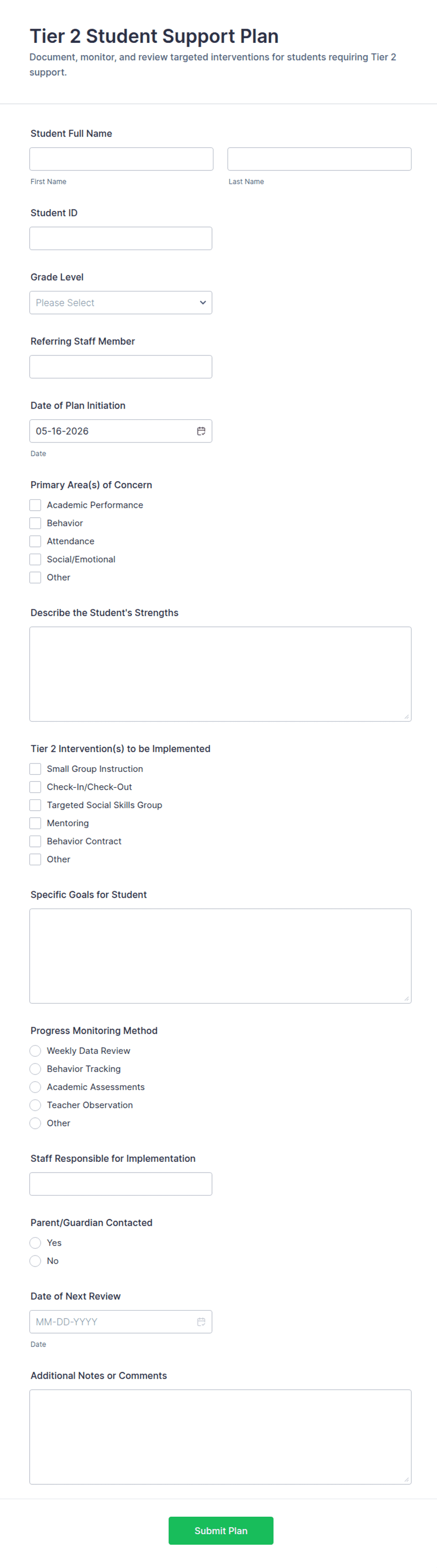 Tier 2 Student Support Plan Form Template | Jotform